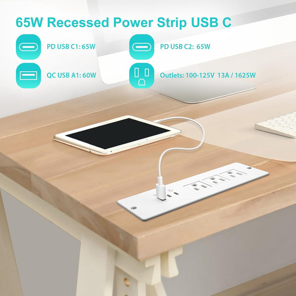 Recessed Power Strip USB C 65W,Flush Mount Desk Power Outlet 3 Outlets ...